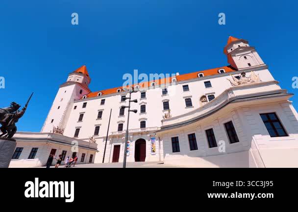 Front faade of the beautiful Bratislava Castle, Slovakia. Low angle ...