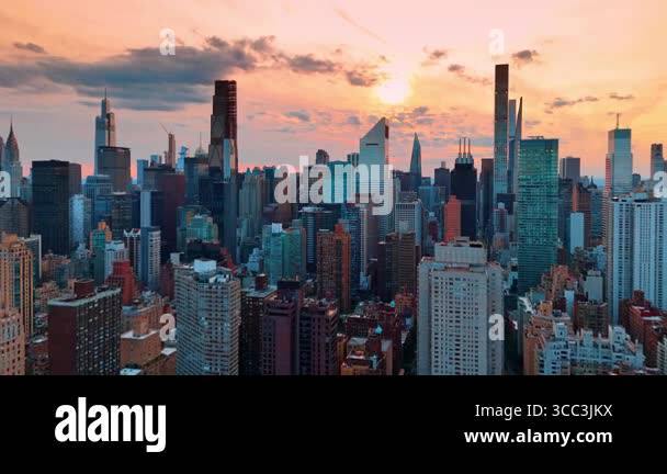 Flying above the midtown of New York over the various buildings. Scenic ...