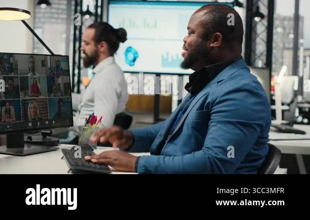 African american CEO meeting with shareholders in advisory video call ...