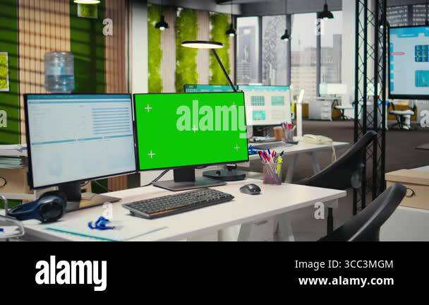 Contemporary office space with copy space dual monitors computer, empty ...