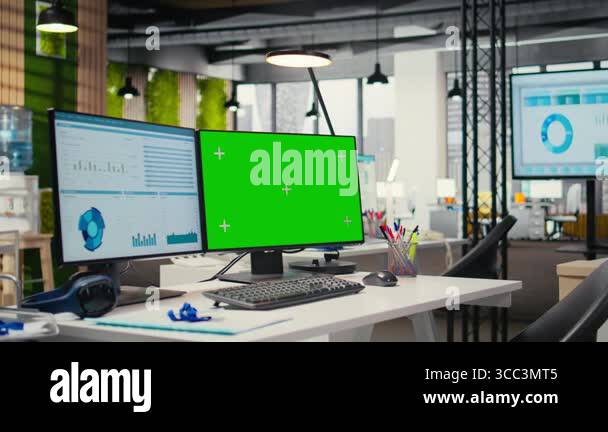 Empty corporate workspace features digital resources and mockup screen ...