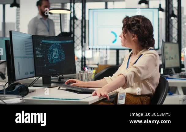 Office administrator checking monthly reports with AI analytics ...