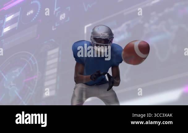 Receiver catching incoming ball while sports analytics dashboard ...
