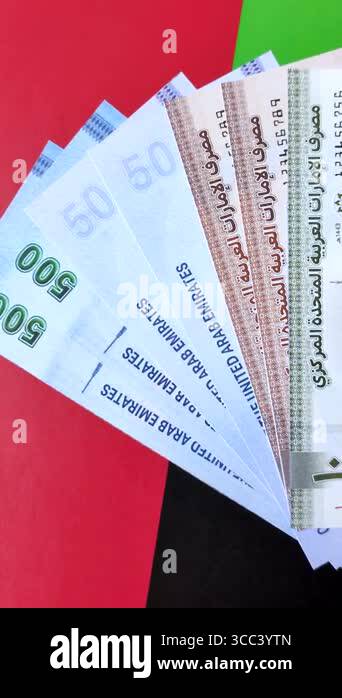 UAE money, dirham, paper banknotes, cash. Emirates money for doing ...