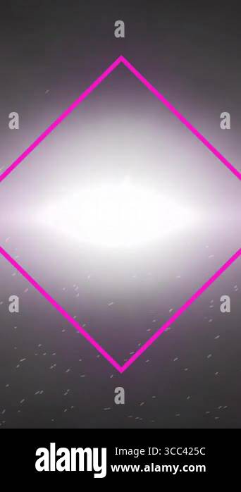 Neon pink diamond shape with blue pyramids and hexagonal grid animation ...