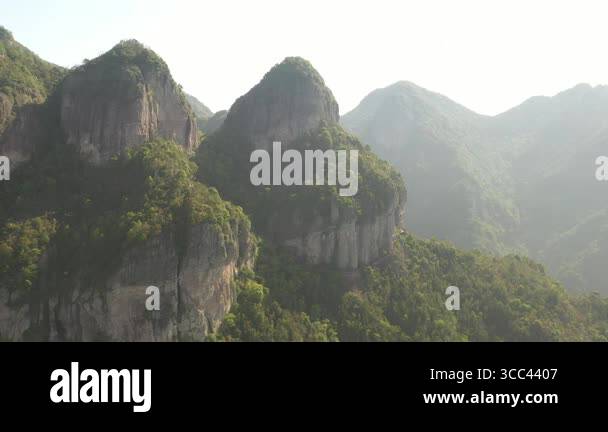 Aerial view of the high mountains and morning mist in the Nanxi River ...