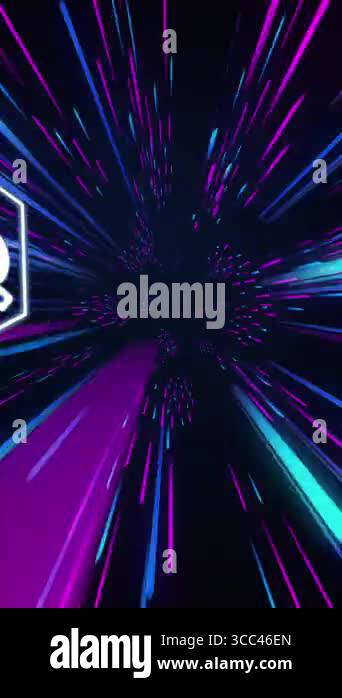 Animation of network of icons and data processing over light trails of ...