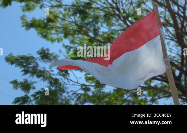 The Indonesian flag (Merah Putih) proudly waves against a clear blue ...