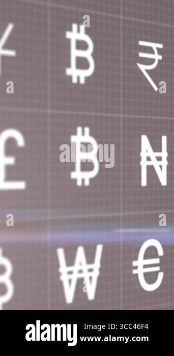 Animation of multiple currency symbols over data processing against ...