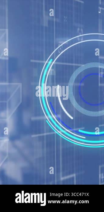 Animation of scope scanning and data processing over cityscape. digital ...