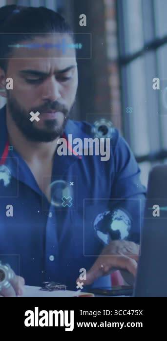 Video of digital interface over man using technology. global networks ...