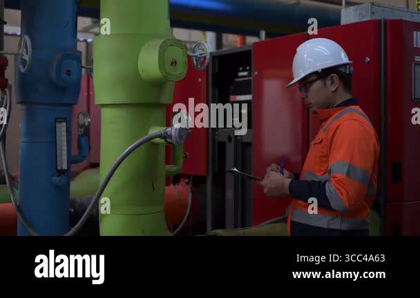 Asian Engineer Inspecting Oxygen Pipes, Maintaining Liquid Helium ...