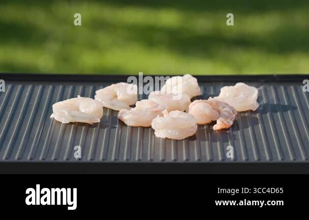 fresh raw shrimps on hot grill for making healthy delicious meal, food ...