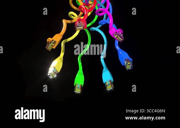 Rainbow color internet connectors rj45 cables on black bg able to loop ...