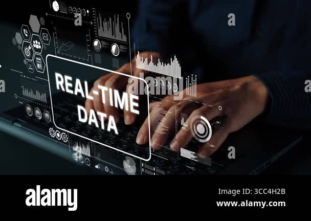 Hands Typing on Laptop with Digital Graphics Representing Real-Time Data Analysis and Technology ...