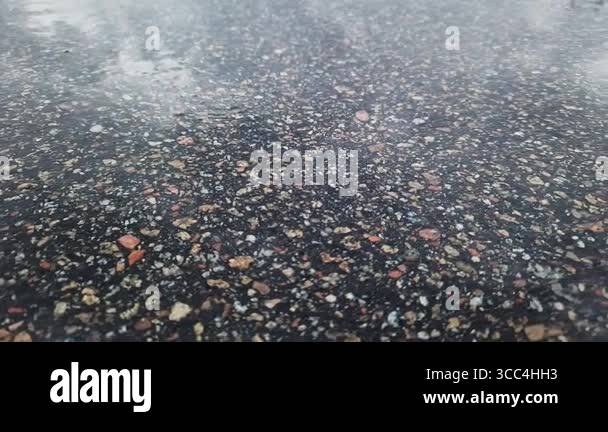 Rain puddles on the street, raindrops hitting the surface of the water ...