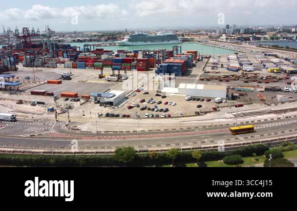 Aerial drone view of Valencia commercial port with shipping containers ...