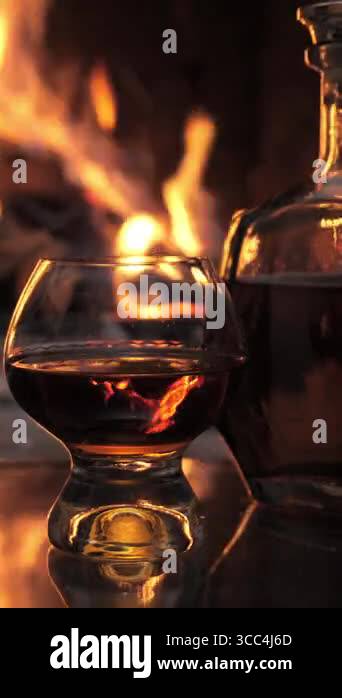 Glass of brandy by the fireplace with warm flames reflecting in the ...