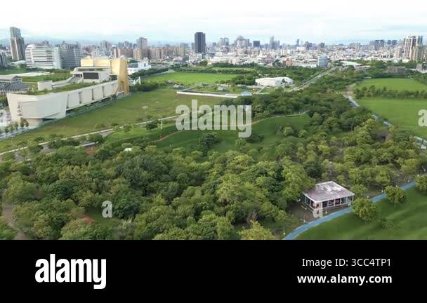 Aerial view of the vast green landscape of Taichung Central Park, a ...