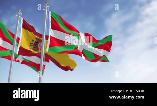 Basque Country and Spanish flags waving in the wind on a clear day ...