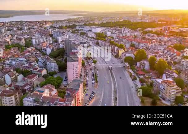 Travel to Bulgaria, Varna hyperlapse aerial view to Varna Lake. 4k ...
