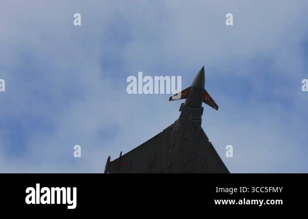 Military fighter jet seen from below during aerial stunt with decorated ...