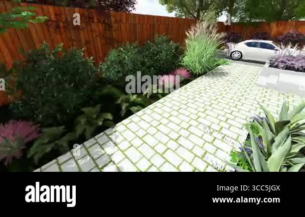 Panoramic video of landscape design of a city garden. Panoramic view ...