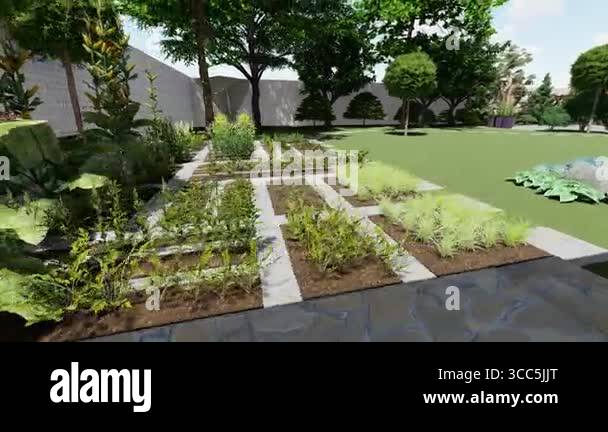 Panoramic video of landscape design of a city garden. Panoramic view ...