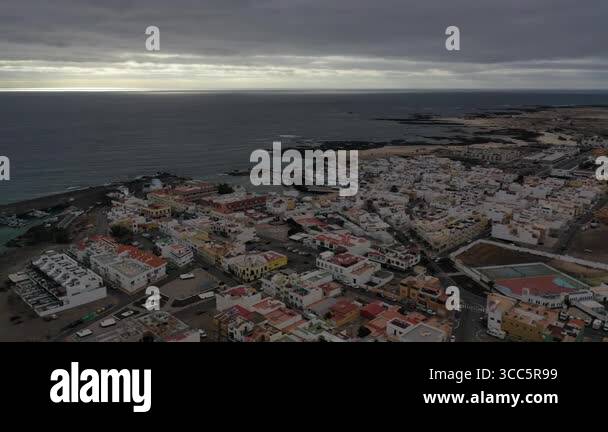 Aerial view on coastline , city of el cotillo, ocean view at the north ...
