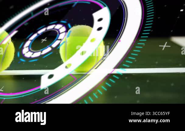Circular HUD overlay fading in and scanning tennis ball while spinning ...