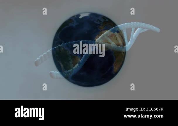DNA helix entering frame, rotating around Earth globe to visualize ...