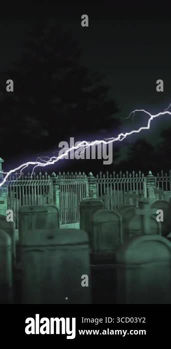 Animation of flashes over cemetery and lantern at night. Horror, fright ...