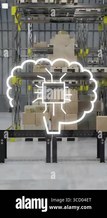AI brain animation over warehouse with boxes and robotic arms. Artificial intelligence ...