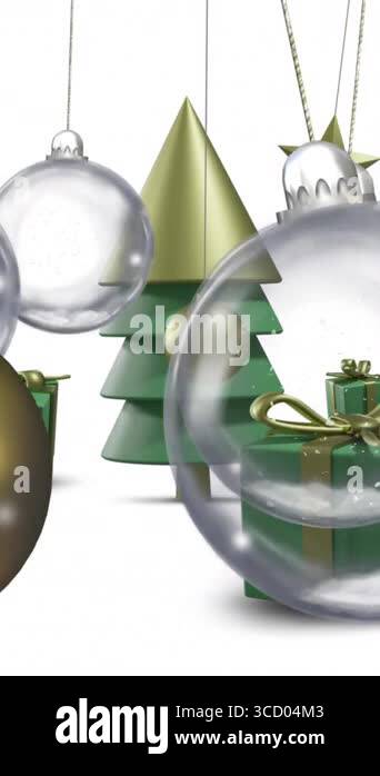 Animation of baubles over christmas decorations on white background ...