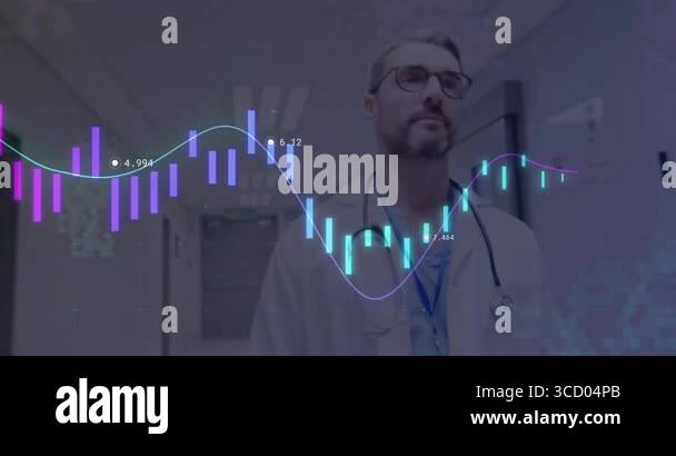 Male doctor walking toward camera initiating finance graph overlay with ...