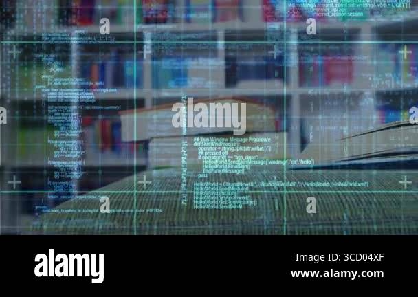 Streaming code overlay scanning down and across revealing closed books ...