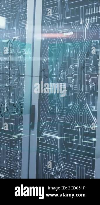 Animation of data processing over computer servers server room. Global technology data ...