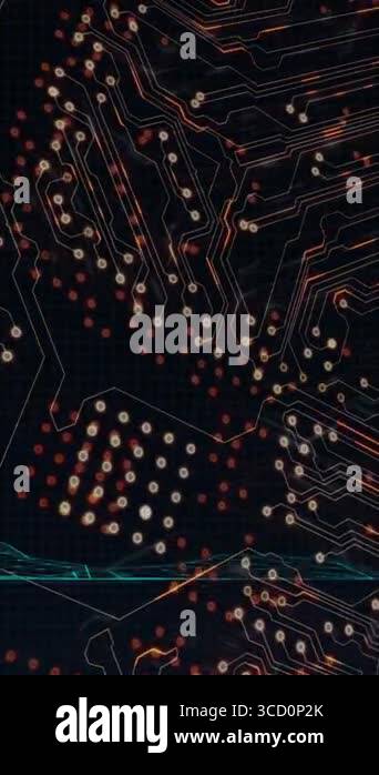 Animation of integrated circuit and graphs on black background. Data ...