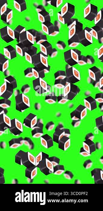 Sushi rolls cascade against a bright green backdrop, creating a dynamic ...