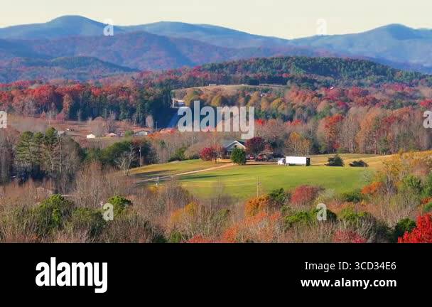 Countryside homes on Appalachian mountain hills. Autumn foliage in ...