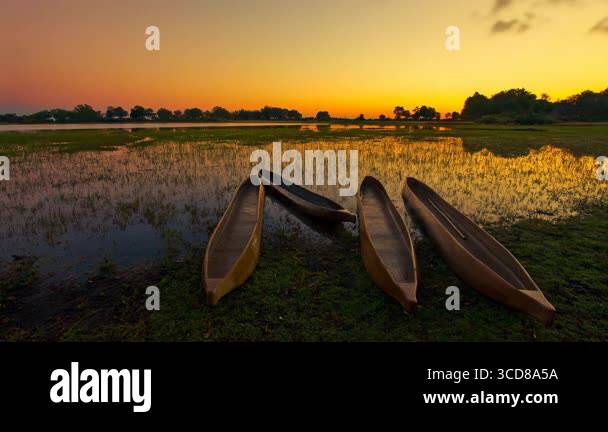 sunset sky in The Okavango Delta or Okavango Grassland is a vast inland ...