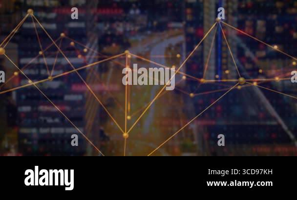 Golden network fading in over cityscape, nodes shifting and stretching ...