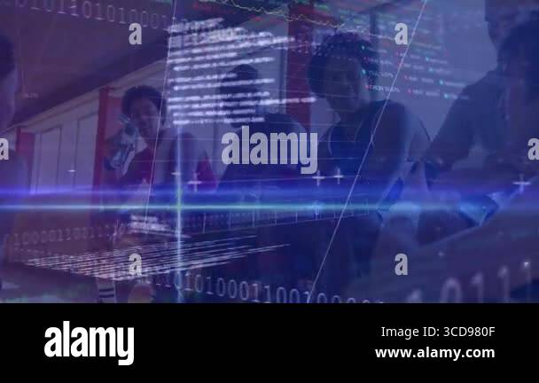 Sports team sitting on bench, upon binary code scrolling, analyzing ...