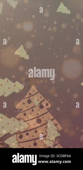 Animation of snow falling over christmas trees and stars in winter ...