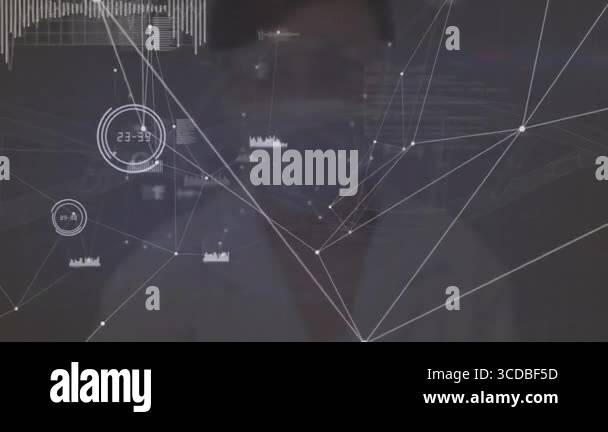 man standing behind digital network tapping node displaying 52.1 ...
