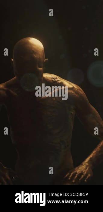Animation of distressed scratched film of scary zombie figure in dark ...