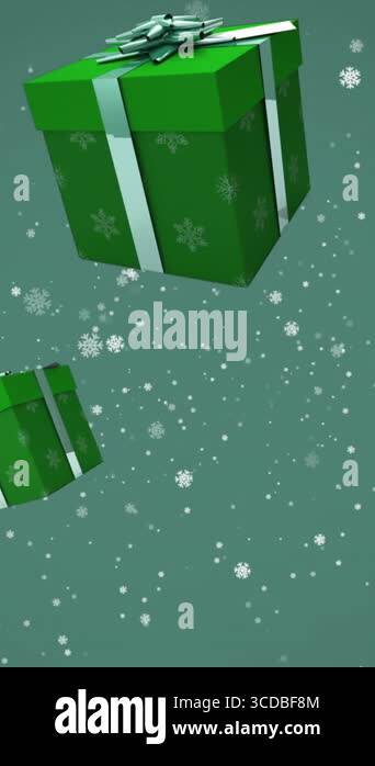 Animation of snowflakes and presents falling on green background ...