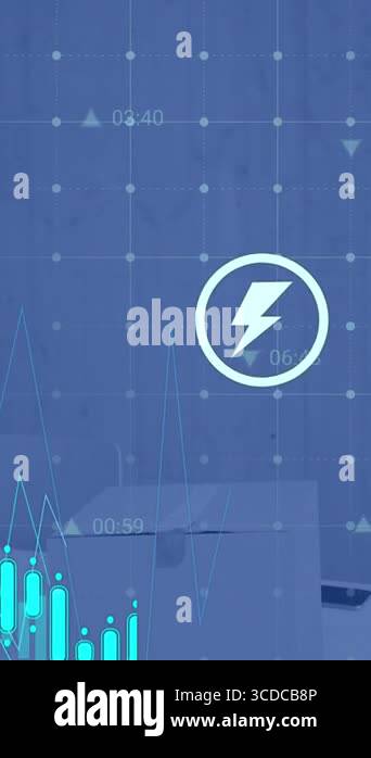 Animation of digital icons and financial data processing against ...