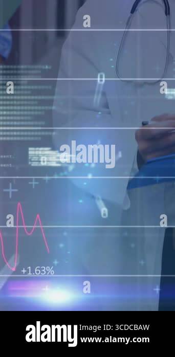 Animation of data processing over caucasian male doctor with nurse ...