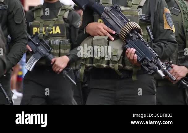 Colombian Police Officer Holding Rifle in Close Up. High quality 4k ...